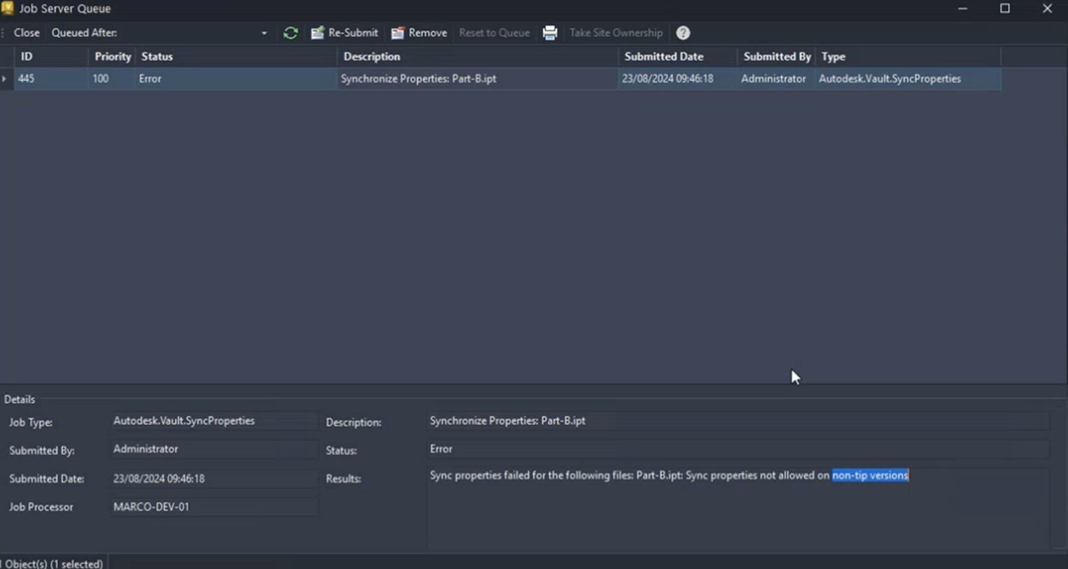Non-Tip versions Synchronize Properties Error: Vault Job Queue
